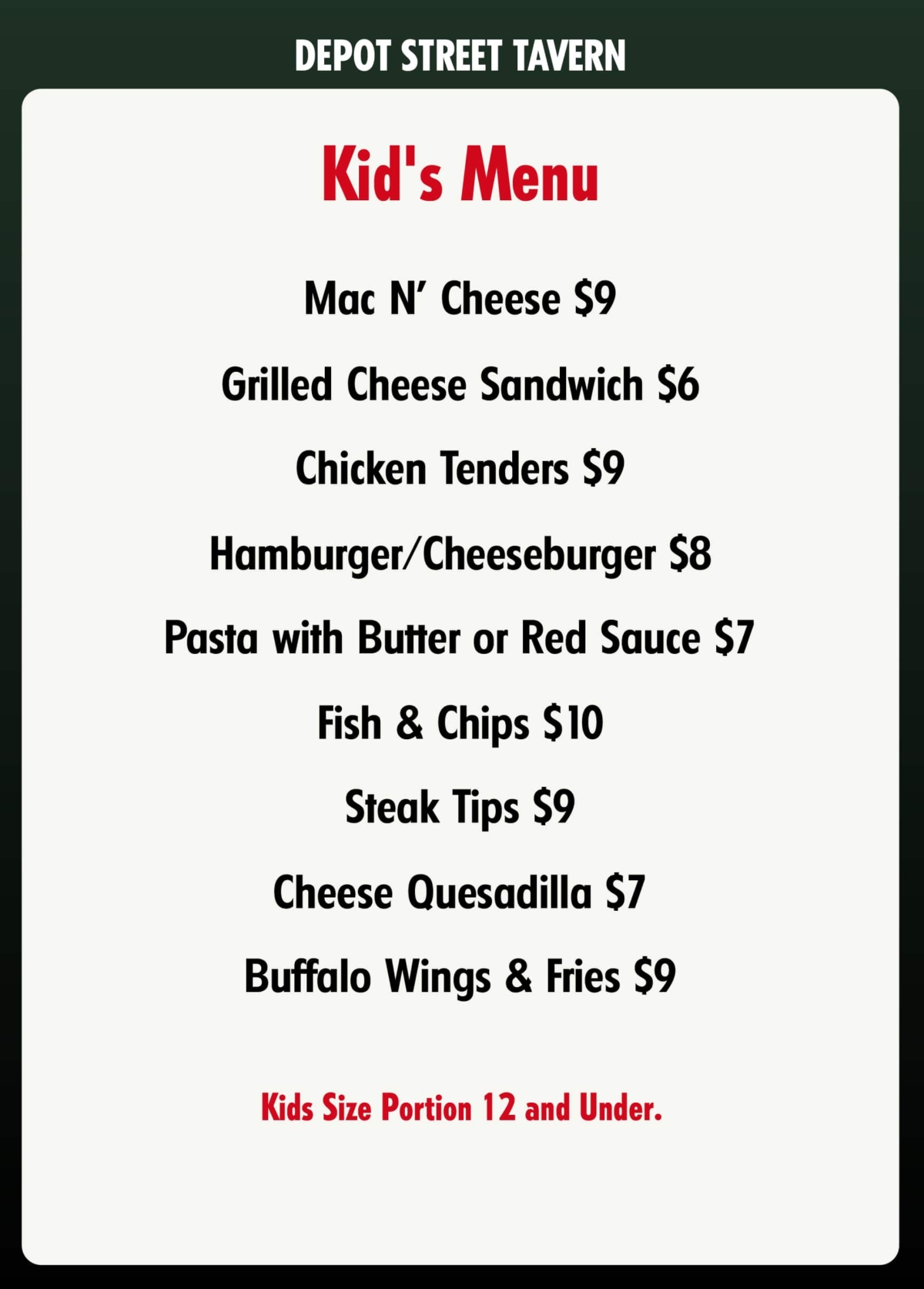 Lunch & Dinner Menu - Depot Street Tavern